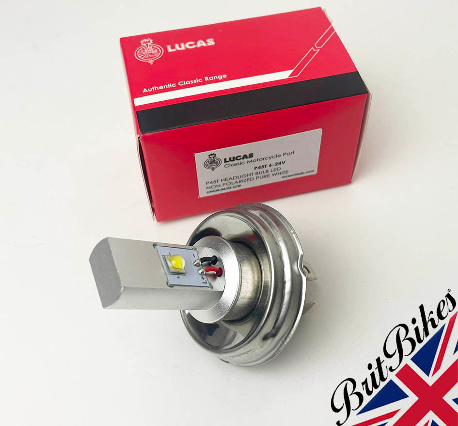 GENUINE LUCAS MOTORCYCLE CAR P45T LED HEADLIGHT BULB 6-24V DUAL POLARI ...